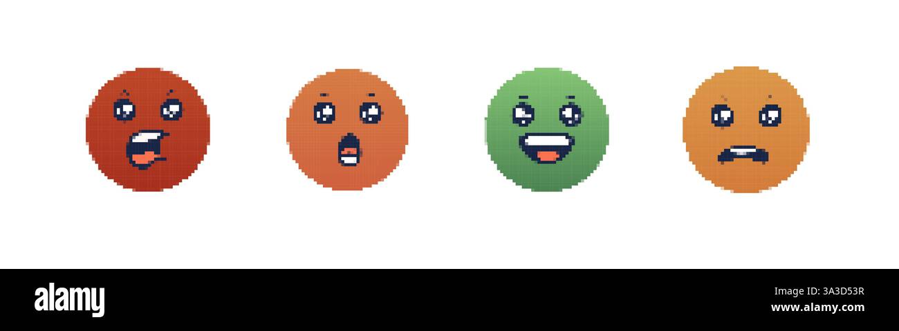 Pixel art faces featuring various emotions in bright colors and simple ...