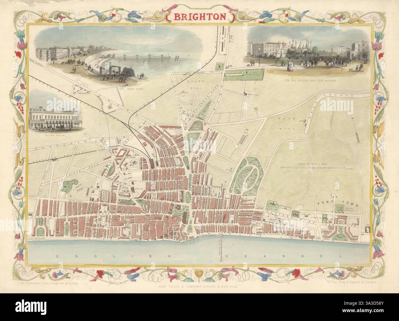 Brighton town/city plan by TALLIS & RAPKIN c1851 old antique map chart ...
