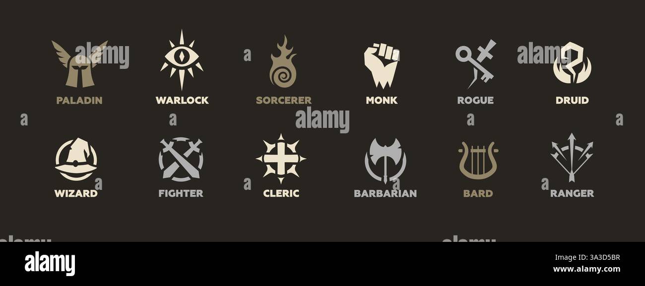 Iconic fantasy character classes symbols including paladin warlock ...