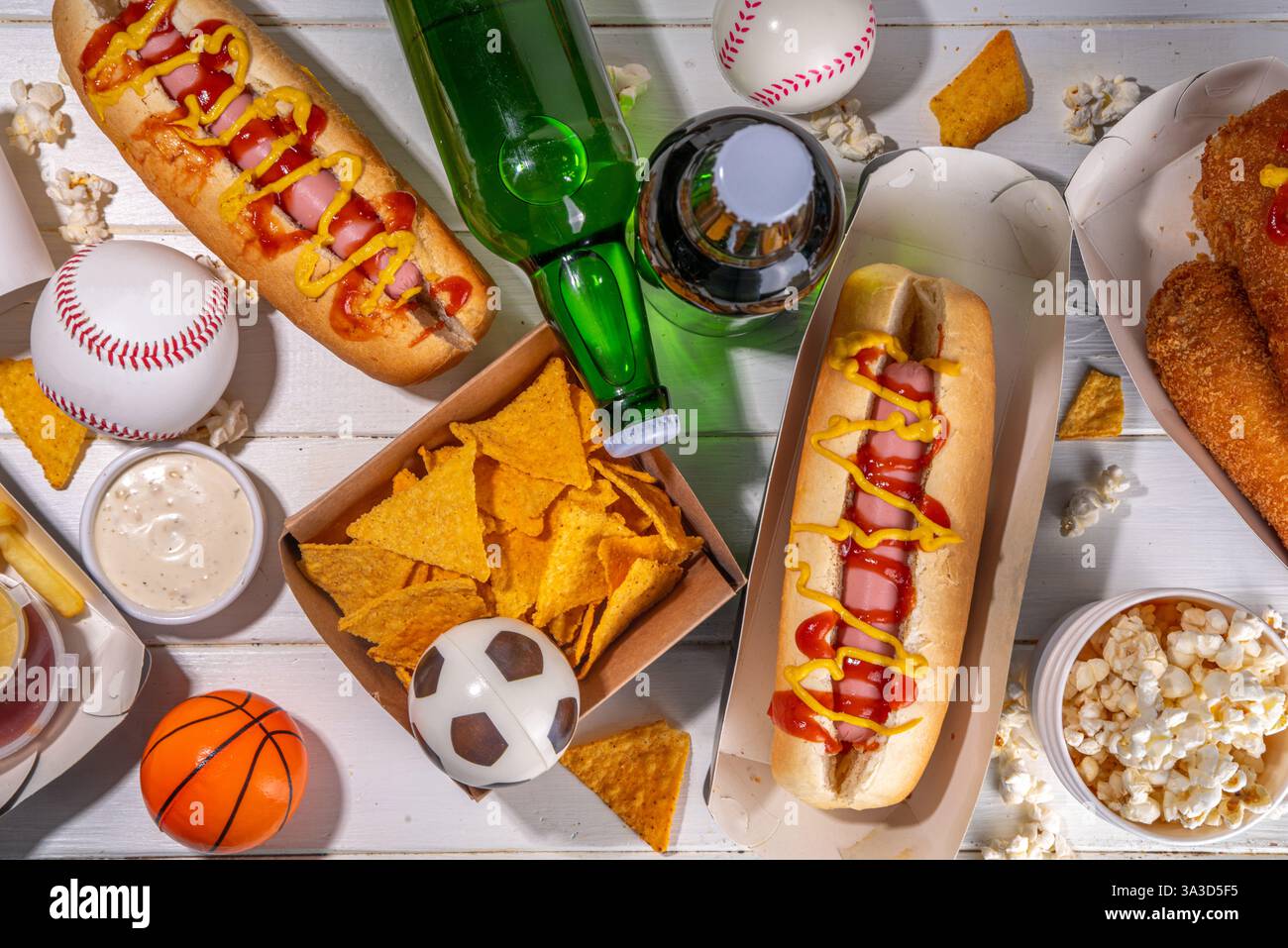 Traditional sport stadium foods and beer background, Set of various ...