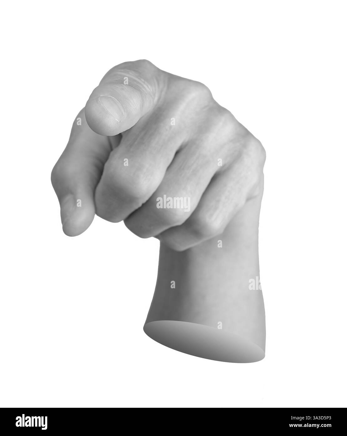 Elderly hand pointing with index finger, directing attention forward ...