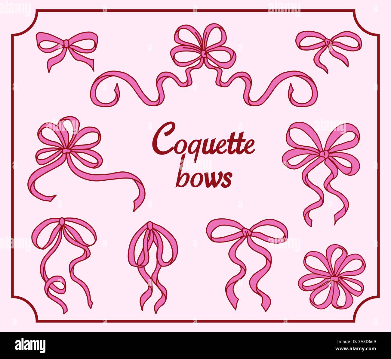 Cute Pink Coquette Bow knots isolated on pastel pink. Hand-Drawn Girly ...