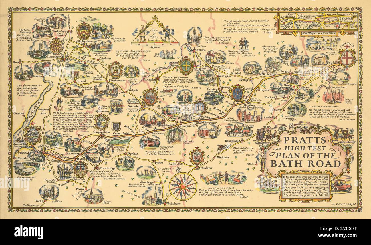 Pratts High Test Plan of the Bath Road. Pictorial map by Alfred Taylor ...