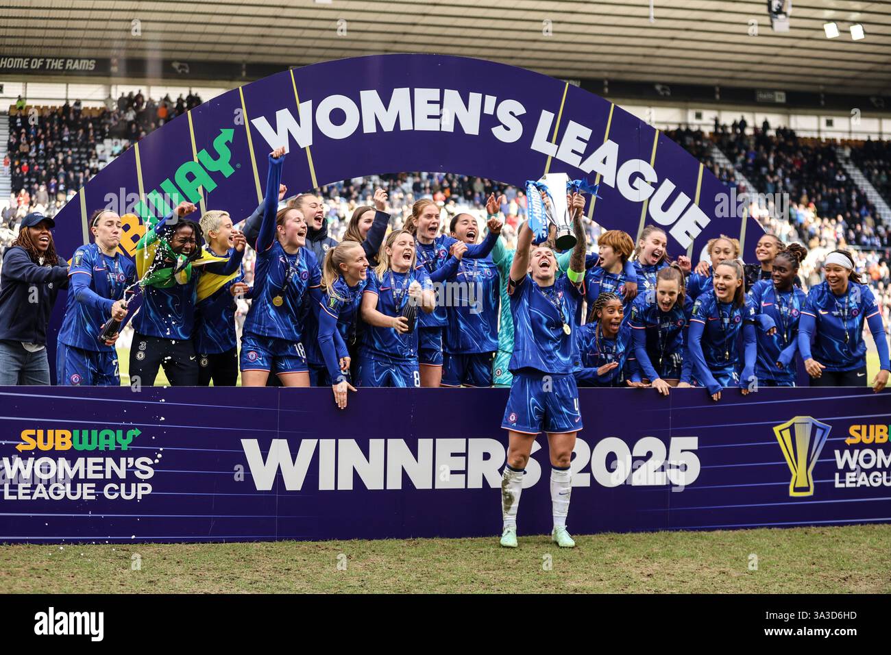 Derby, UK. 15th Mar, 2025. Chelsea lift the trophy during the Subway ...