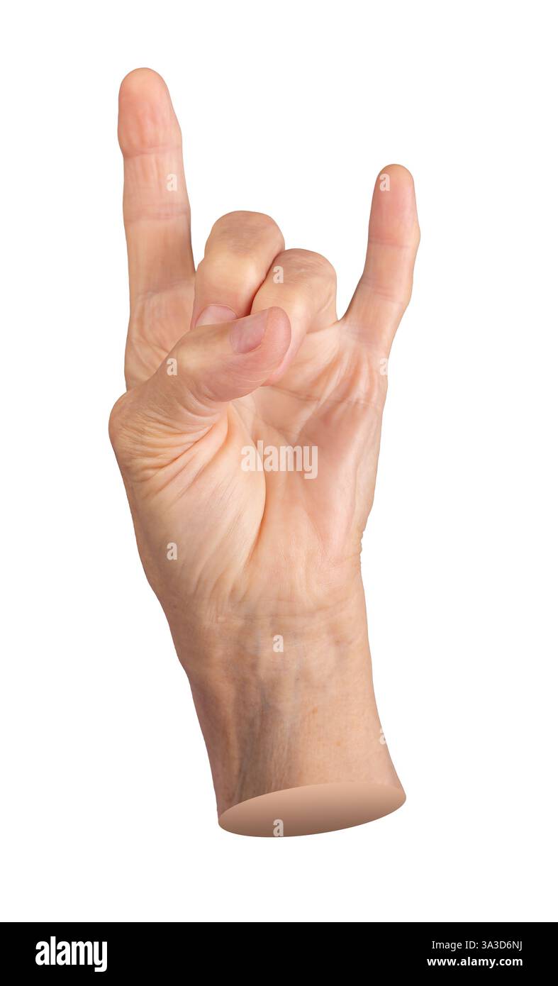 Elderly hand making the rock on gesture with index and pinky fingers ...