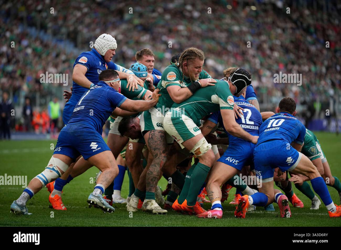 Ireland's Dan Sheehan, centre, scores a try during the Six Nations ...