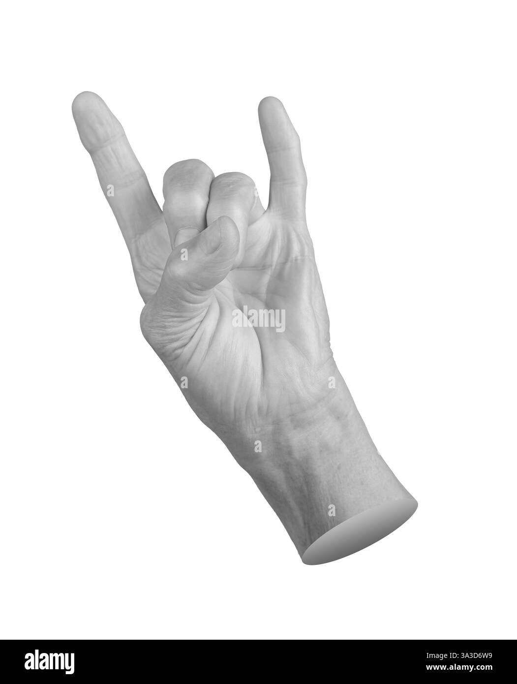 Elderly hand making the rock on gesture with index and pinky fingers ...