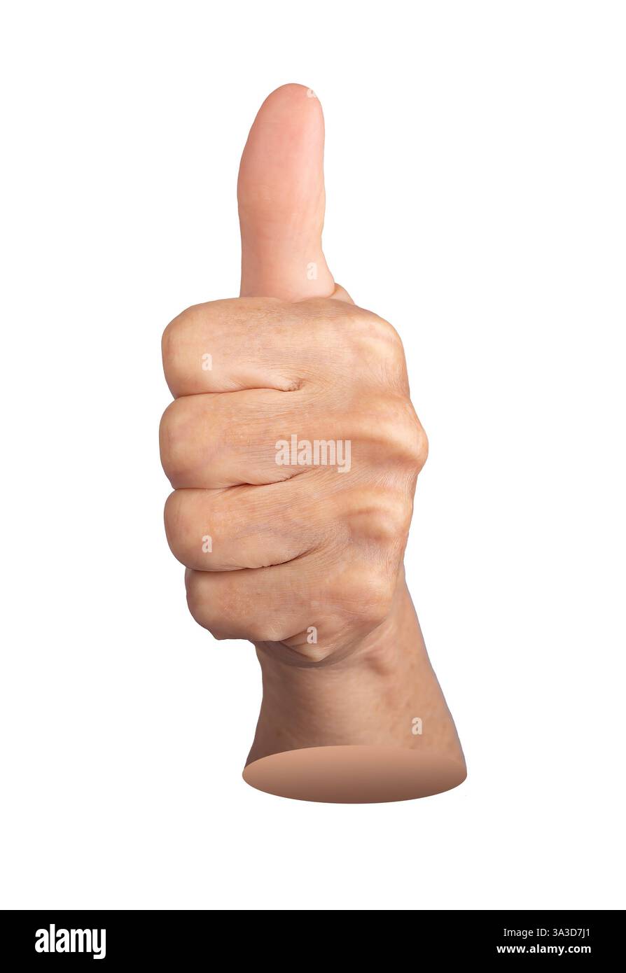 Elderly hand making a thumbs up gesture, symbolizing approval and ...