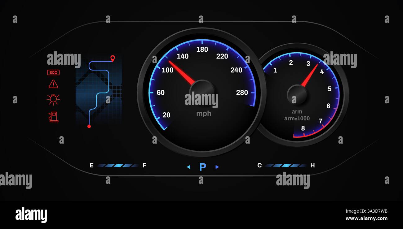 Digital car dashboard with speedometer and tachometer displaying ...