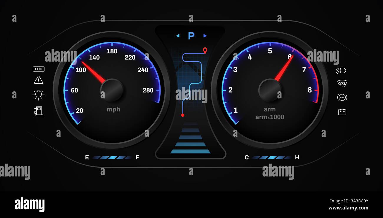 Car dashboard with speedometer and navigation on digital display for ...