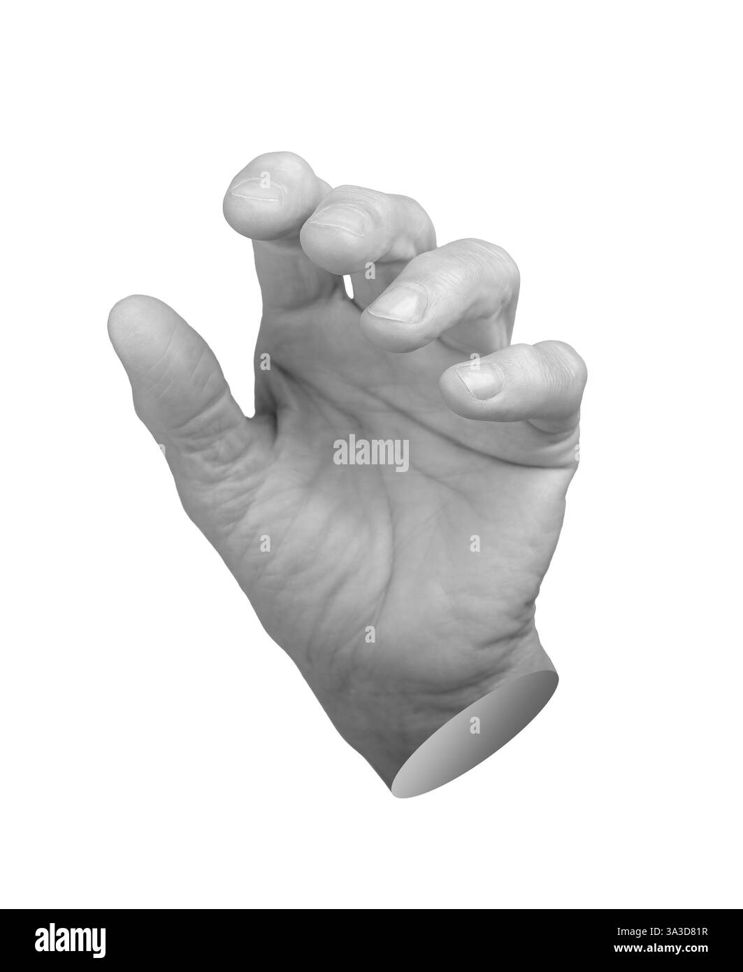 Elderly hand in a tense, claw like gesture, fingers curled as if ...