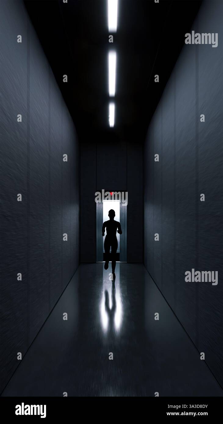 Dark corridor, elevator doors with red descending indicator; woman ...