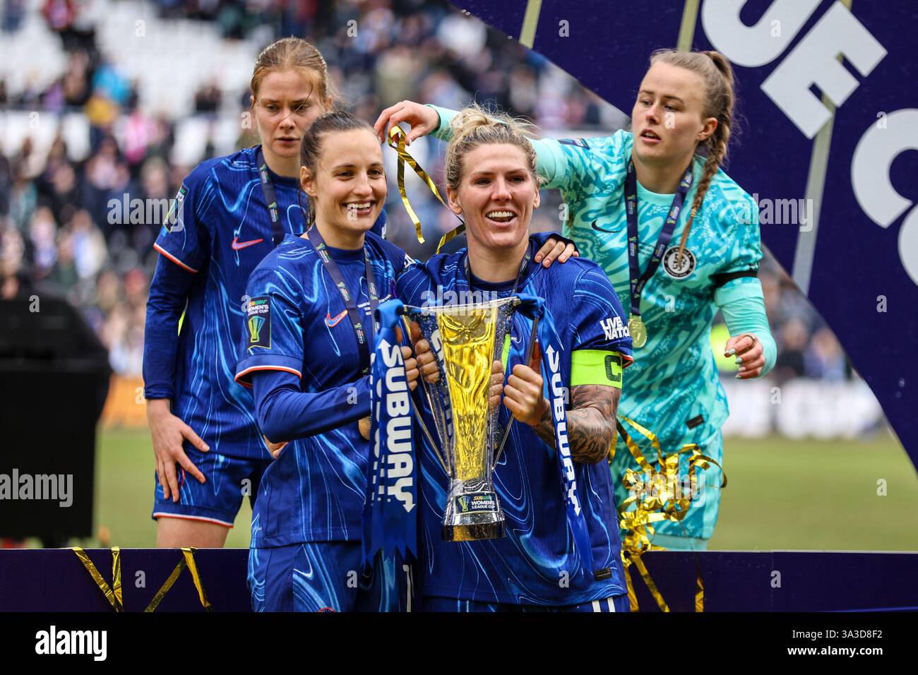 Derby, UK. 15th Mar, 2025. Nathalie Bjorn (14 Chelsea) and Millie ...