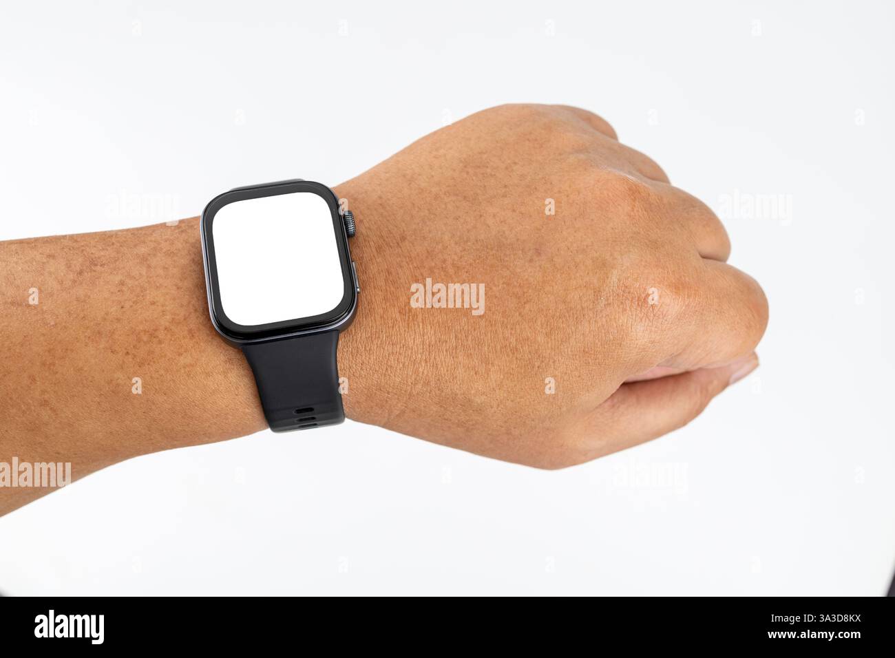 A chubby Asian man with yellow skin wearing a black smartwatch on his ...