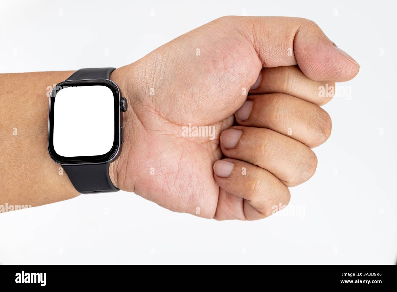 A chubby Asian man with yellow skin wearing a black smartwatch on his ...