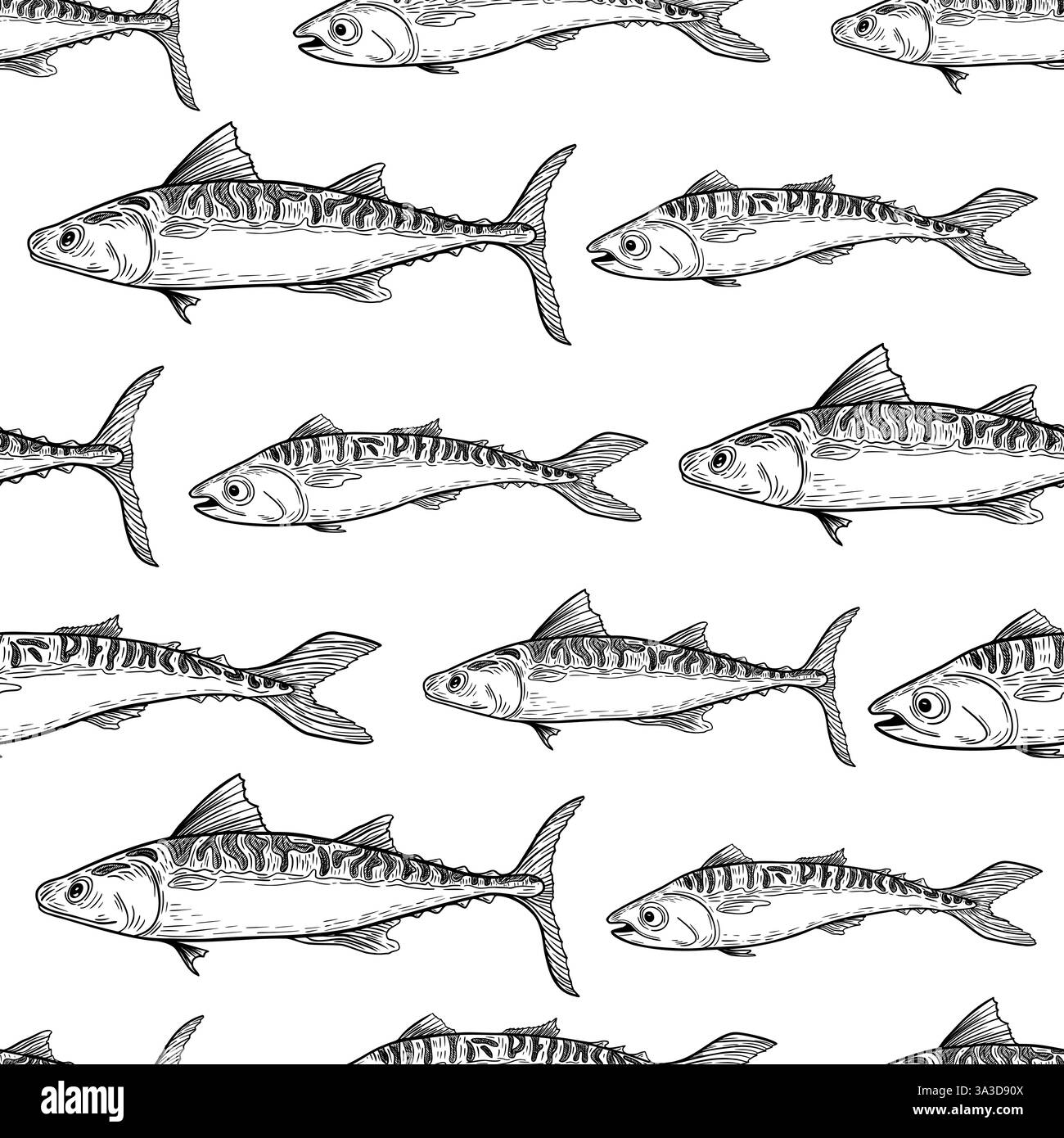 Mackerel black white vector seamless pattern. Bluefish monochrome ...