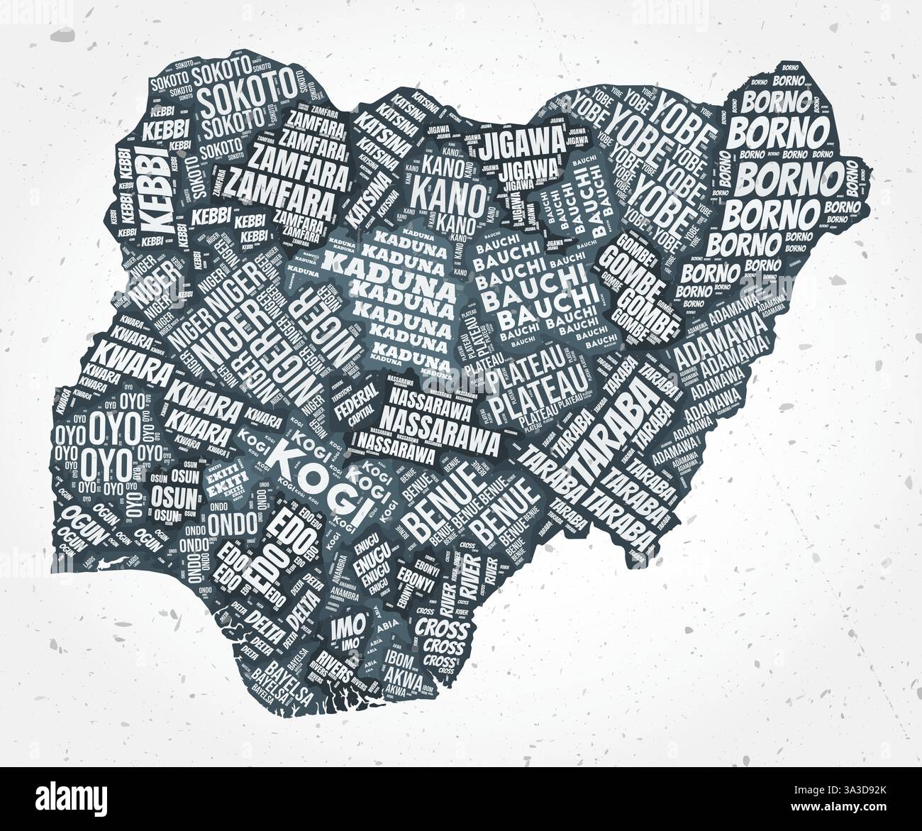 Nigeria regions word clouds. Country shape on textured background ...