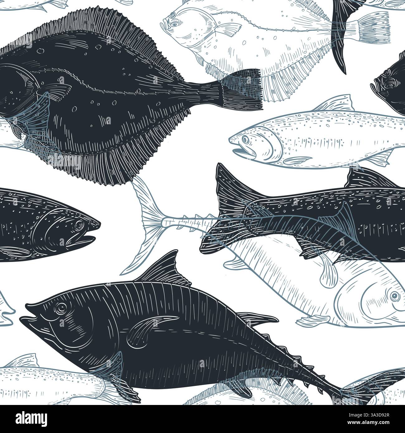 Tuna, halibut, and salmon seamless pattern in black white vector. Hand ...