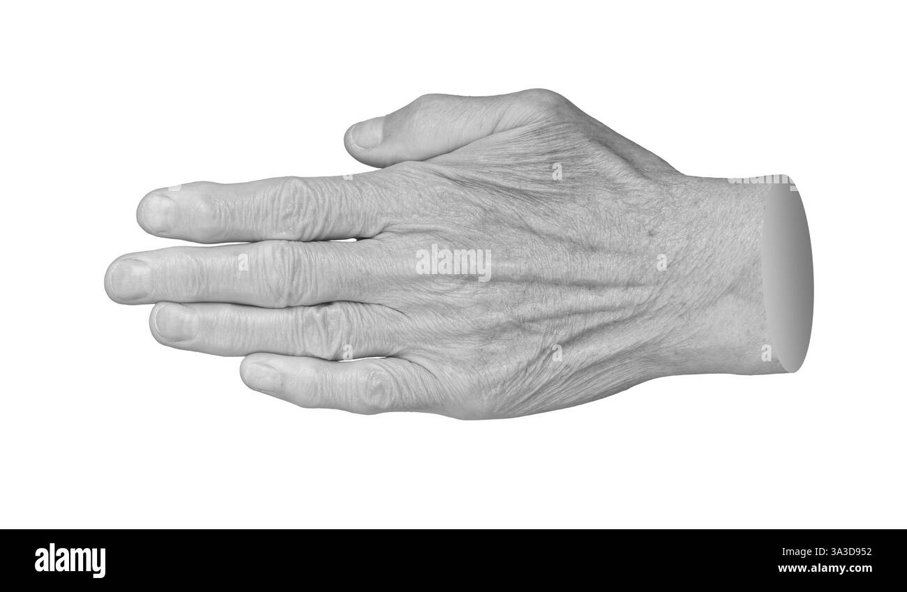 Elderly hand flat, palm extended, showcasing aged skin texture ...