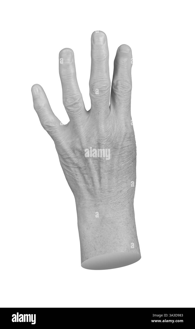 Elderly hand displaying four fingers in an expressive gesture. Aged ...