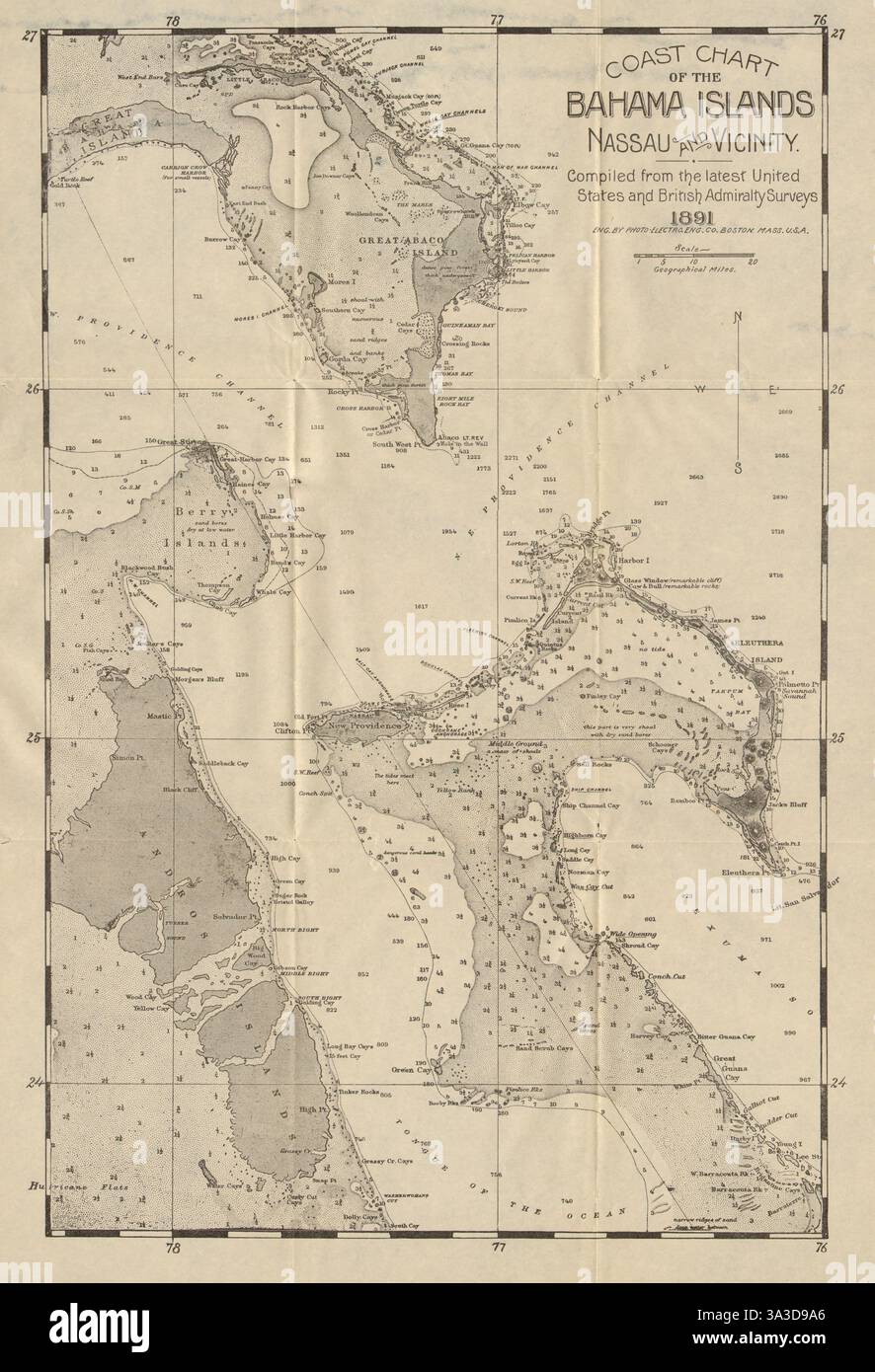 BAHAMAS SEA & COASTAL CHART. Nassau Andros Eleuthera Great Abaco Berry ...