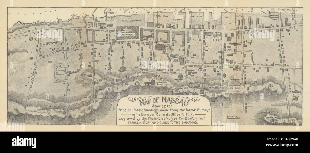 Antique town city plan of NASSAU, BAHAMAS by Stark. Hand-coloured 1912 ...