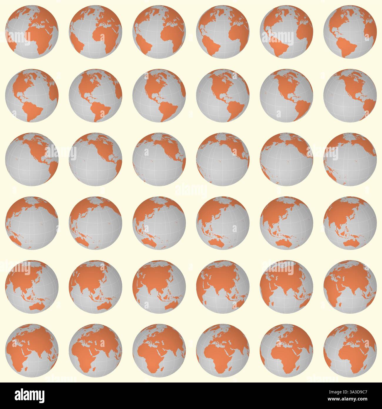 Collection of earth globes. Slanted sphere view. Rotation step 10 ...
