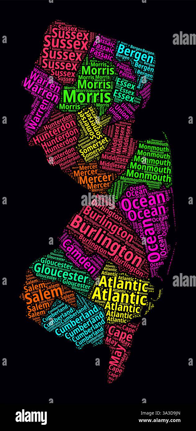 New Jersey Regions Word Clouds. Bright typographic style design on dark ...