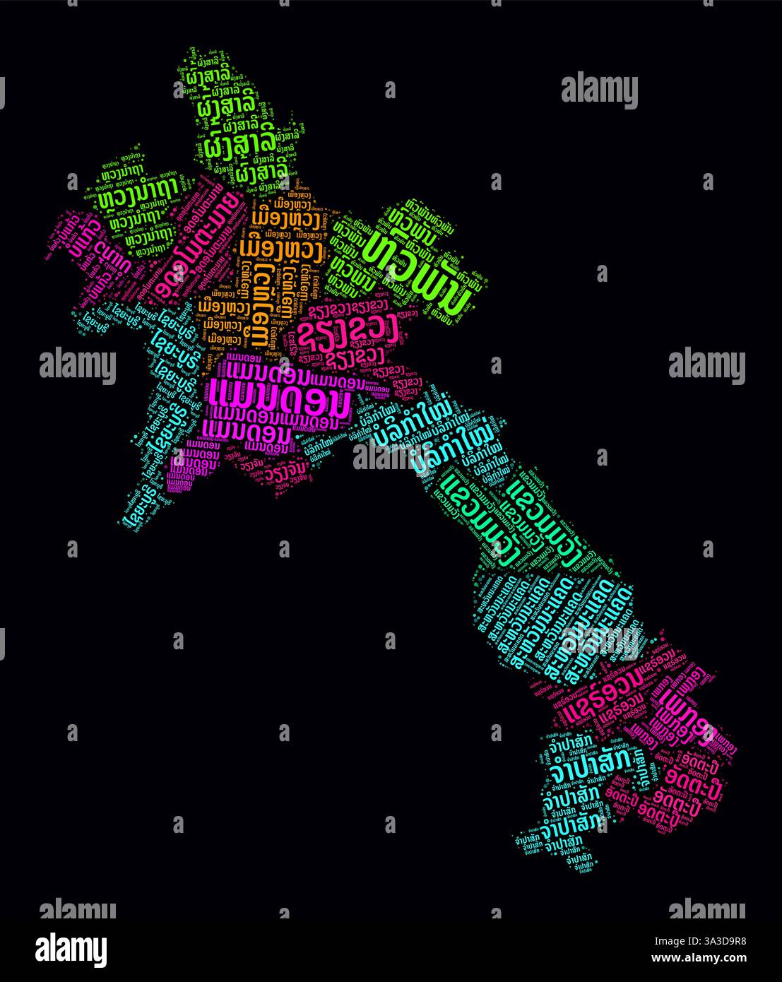 Laos Regions Word Clouds. Bright neon style design on dark background ...