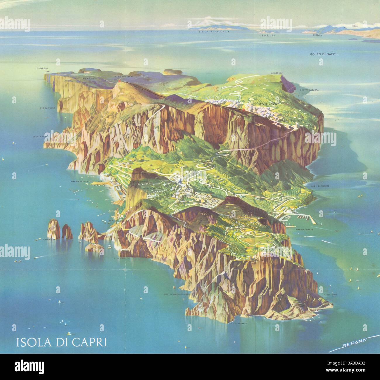 Isola di Capri panoramic bird's eye view tourist map by Heinrich Berann ...