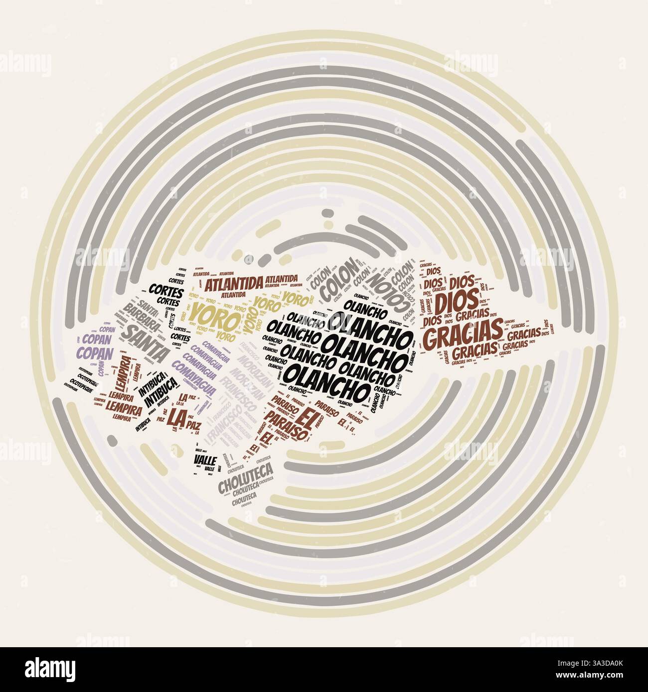 Honduras round poster. Typography style image of country. Regions word ...