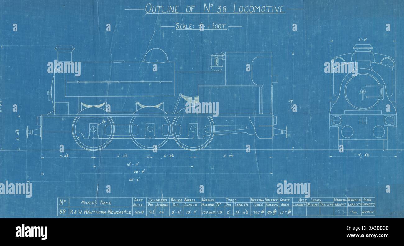 No 38 Locomotive blueprint. Built by R & W Hawthorn, Newcastle 1868 old ...