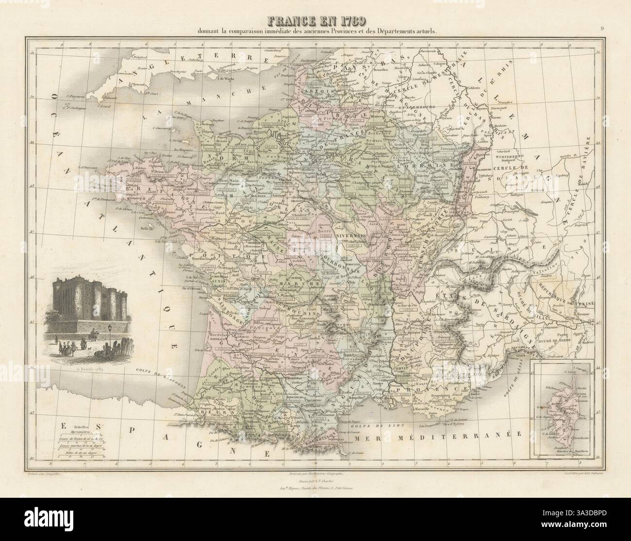 France en 1789 by Migeon. Pre-Napoleonic France 1861 old antique map ...