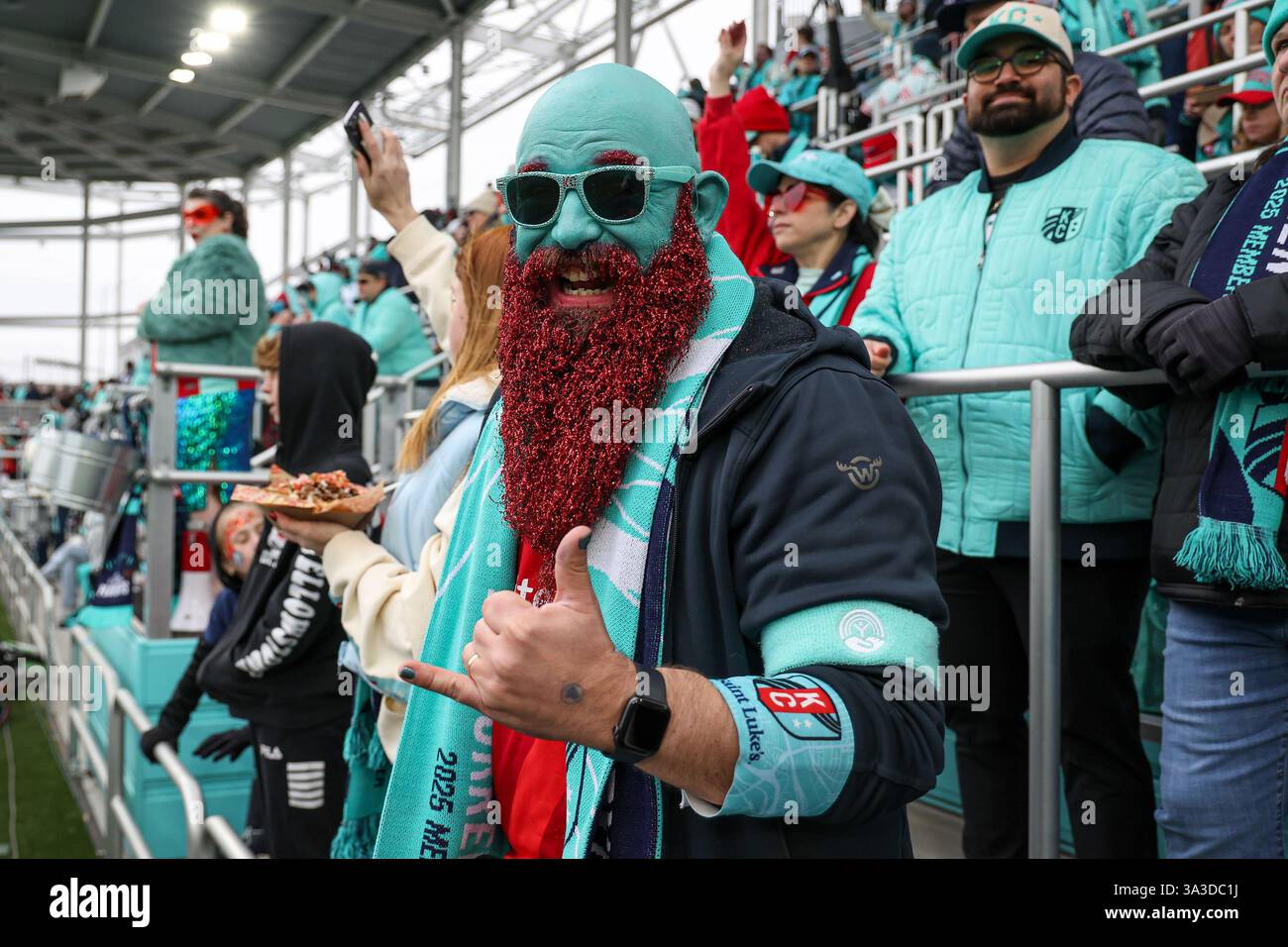 March 15, 2025: Kansas City Current super fan Teal Man, Richard Harper ...