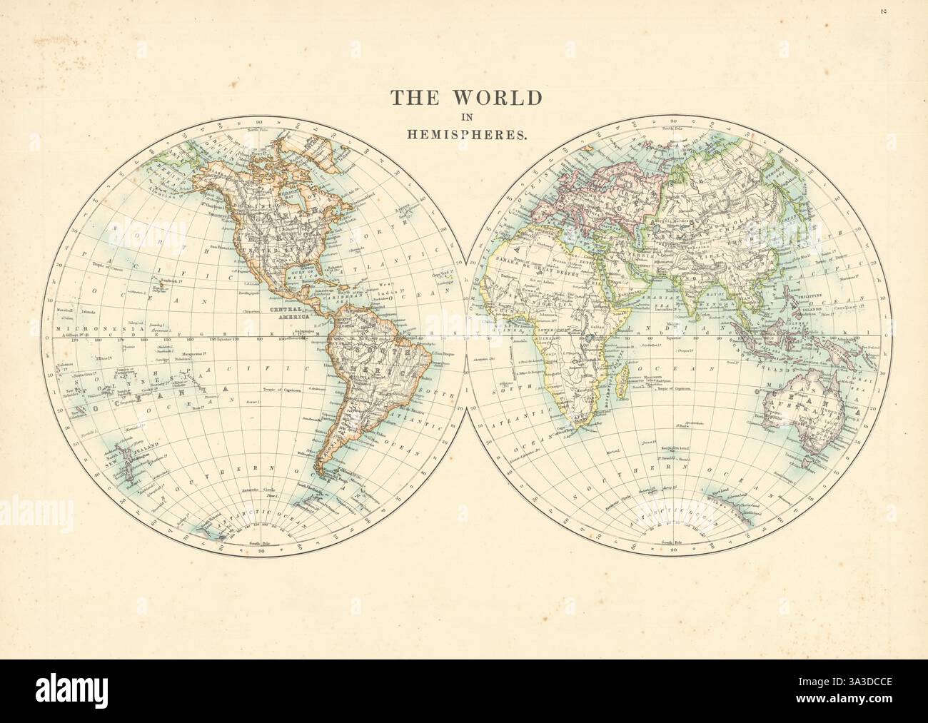 The World in Hemispheres by W. & A.K. Johnston 1887 old antique map ...
