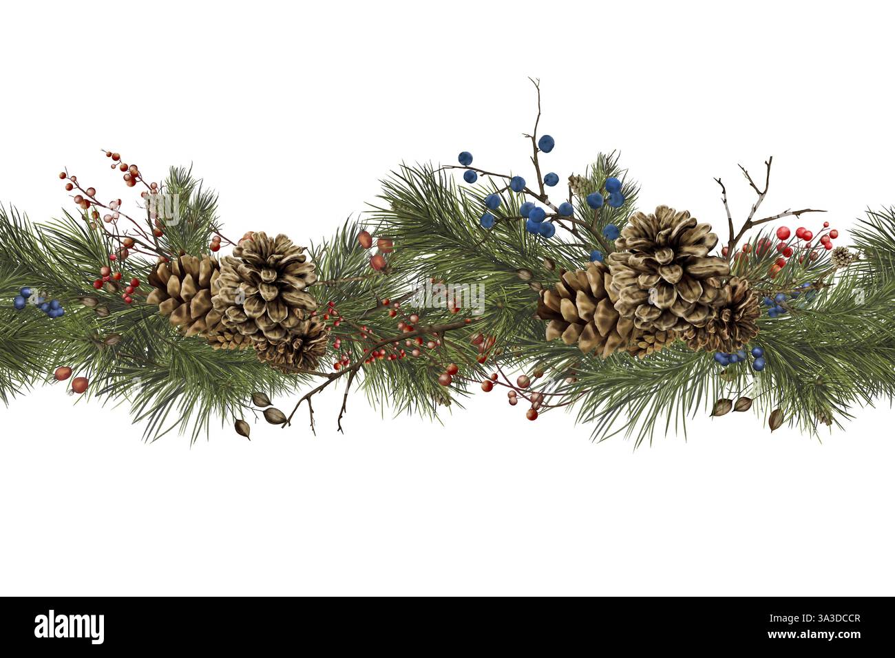 Pine fluffy branches and cones on a Christmas garland. Watercolor ...