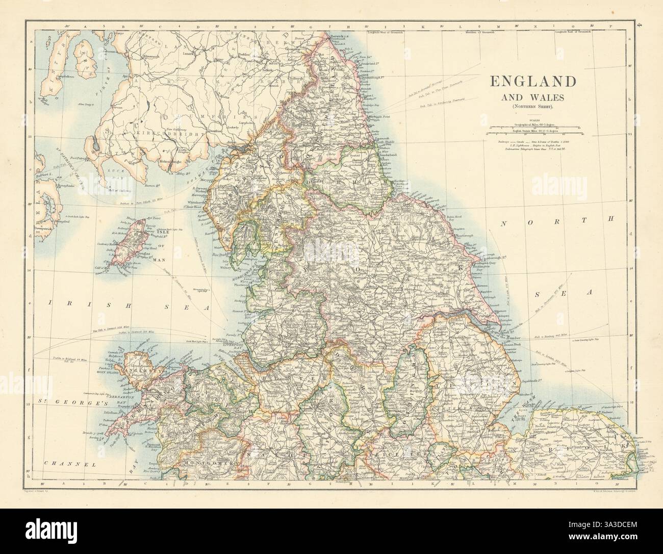 England and Wales (Northern Sheet) by W. & A.K. Johnston 1887 old ...