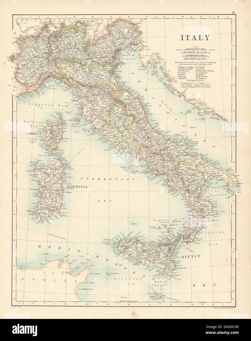 Italy by W. & A.K. Johnston 1887 old antique vintage map plan chart ...