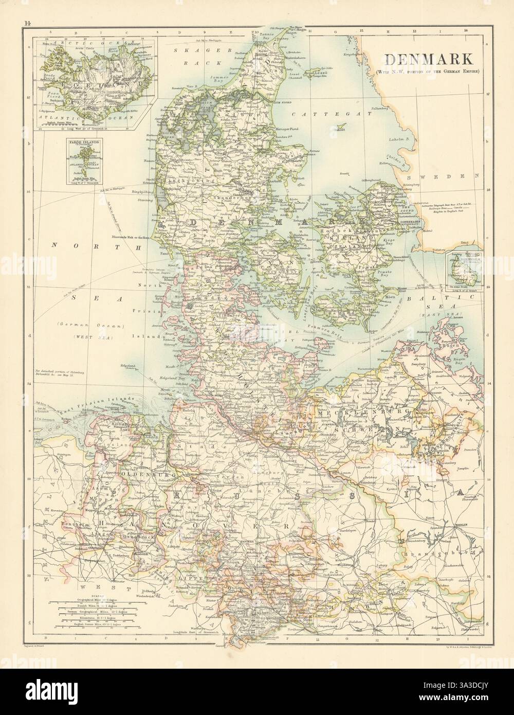Denmark (with N.W. portion of the German Empire) by W. & A.K. Johnston ...