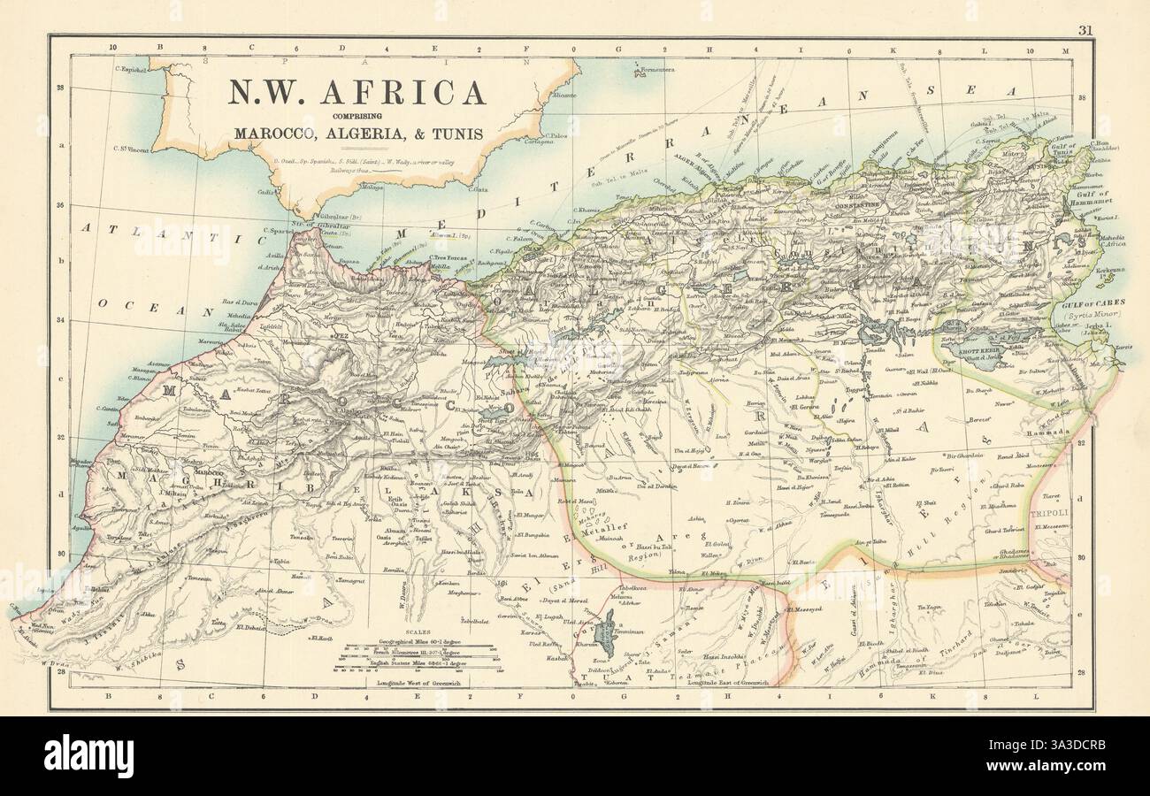 North-West Africa comprising Morocco, Algeria & Tunisia. Johnston 1887 ...