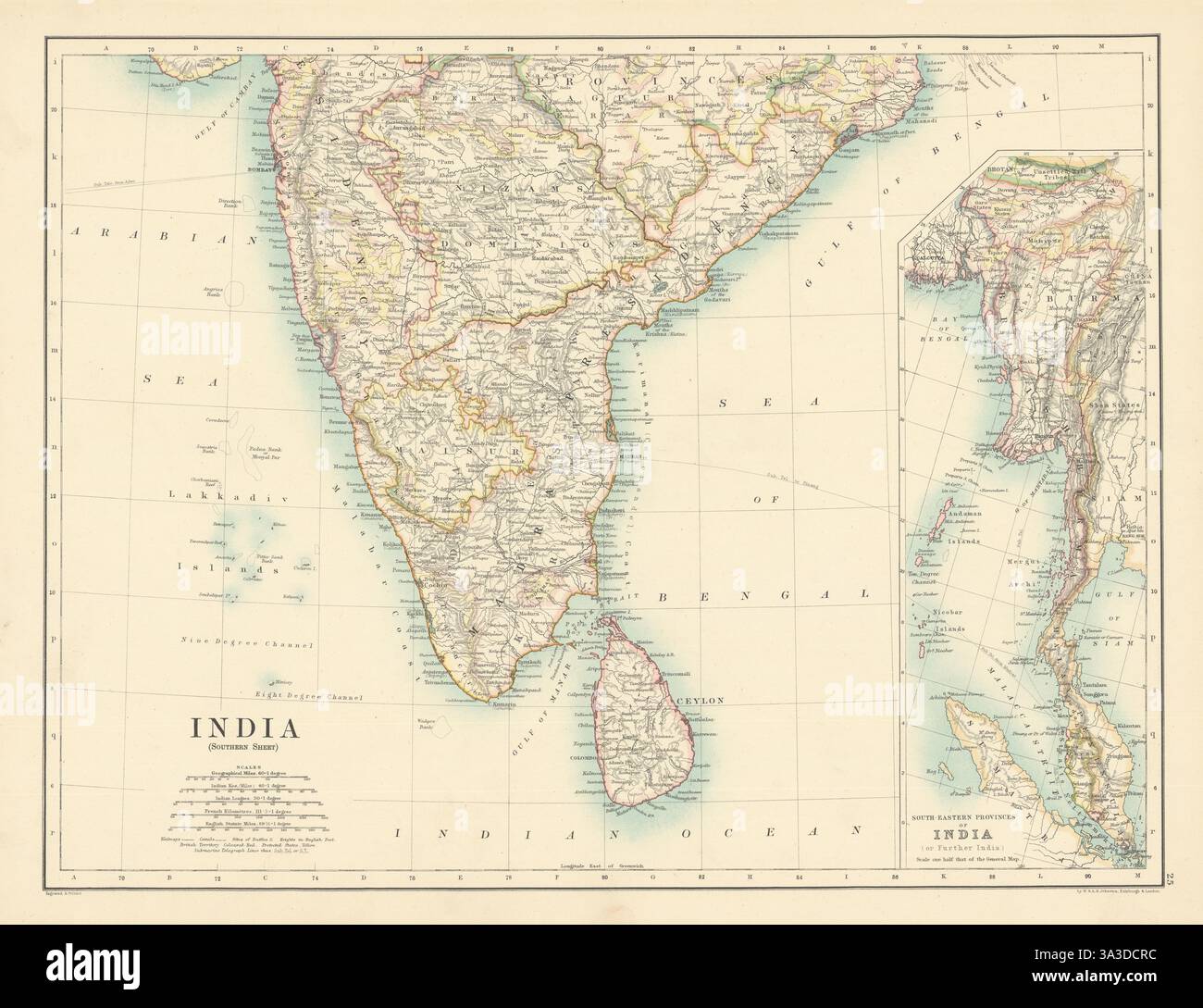 India (Southern Sheet) by W. & A.K. Johnston 1887 old antique map plan ...