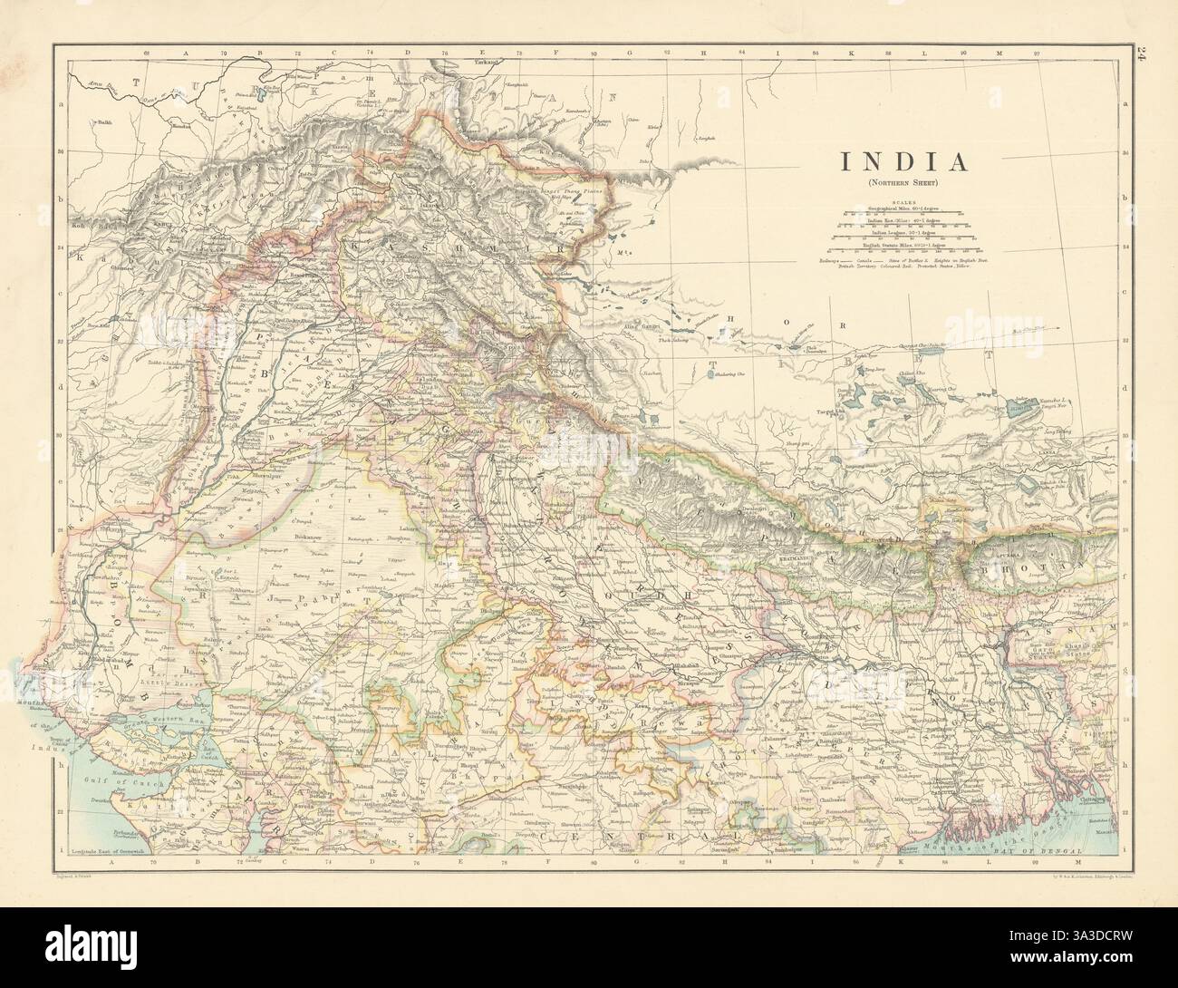 India (Northern Sheet) by W. & A.K. Johnston 1887 old antique map plan ...