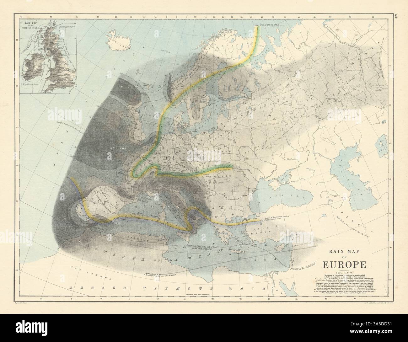 Rain Map of Europe by W. & A.K. Johnston 1887 old antique plan chart ...
