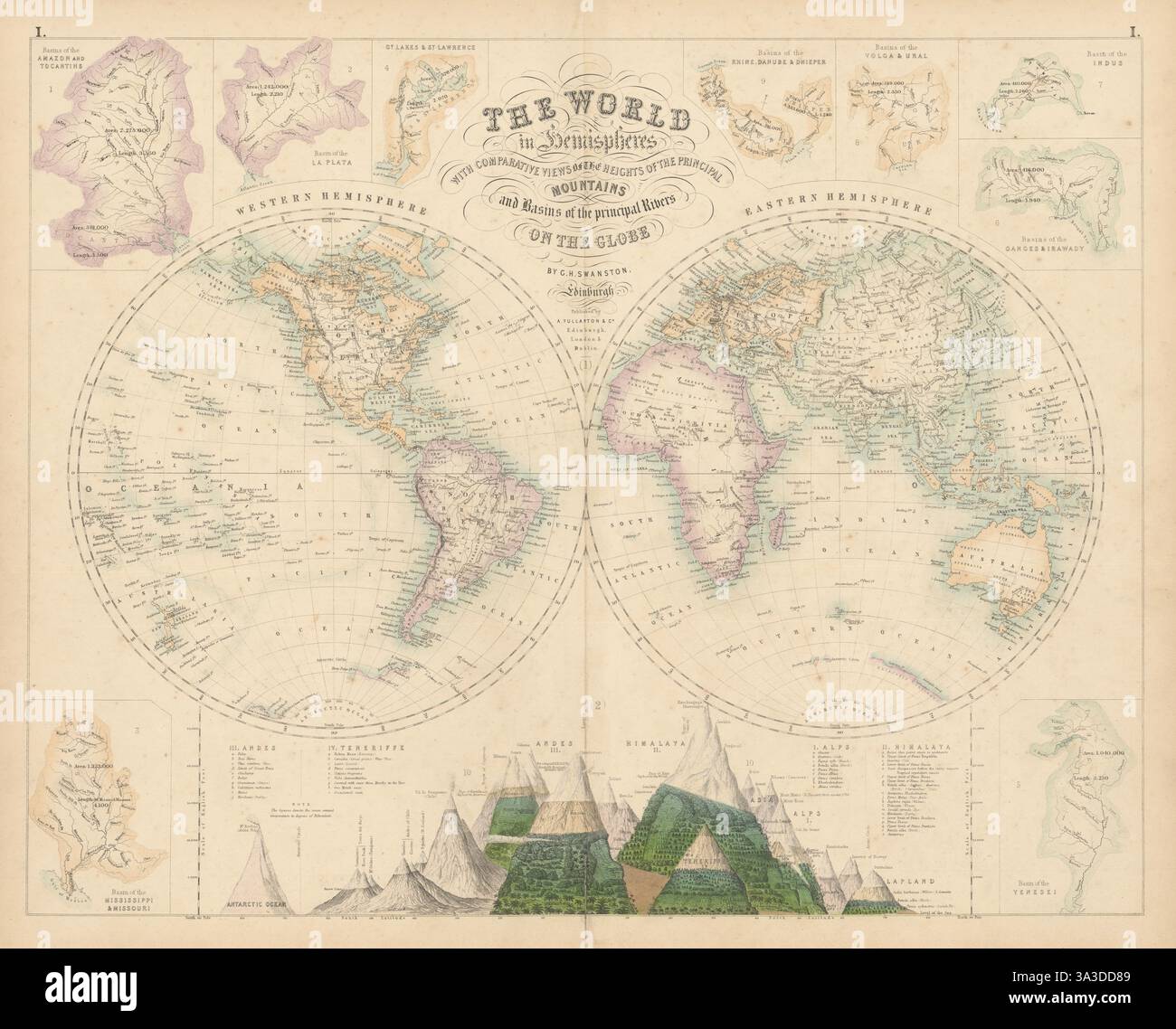World in hemispheres. Mountains & river basins / watersheds. FULLARTON ...