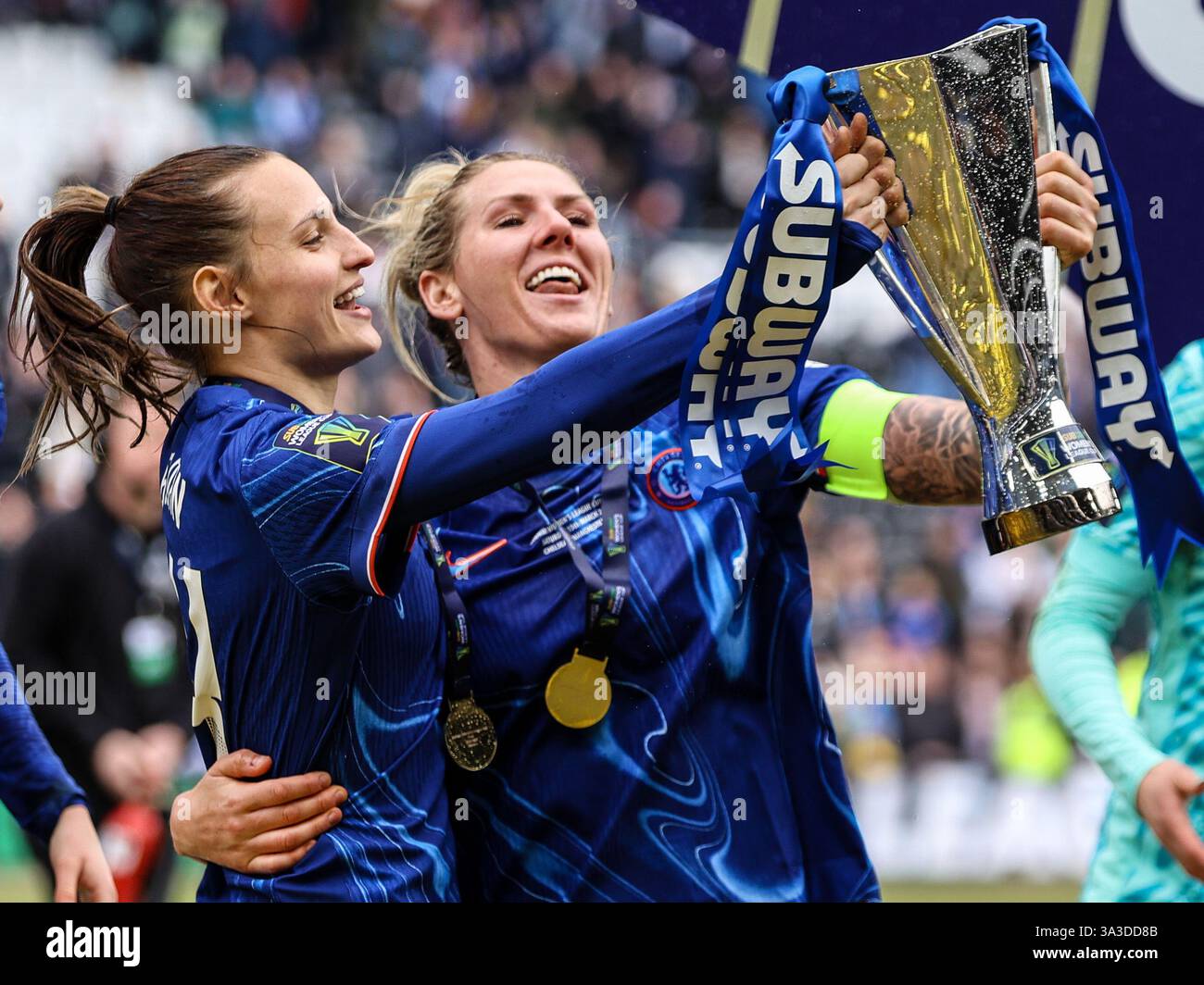 Derby, UK. 15th Mar, 2025. Nathalie Bjorn (14 Chelsea) and Millie ...