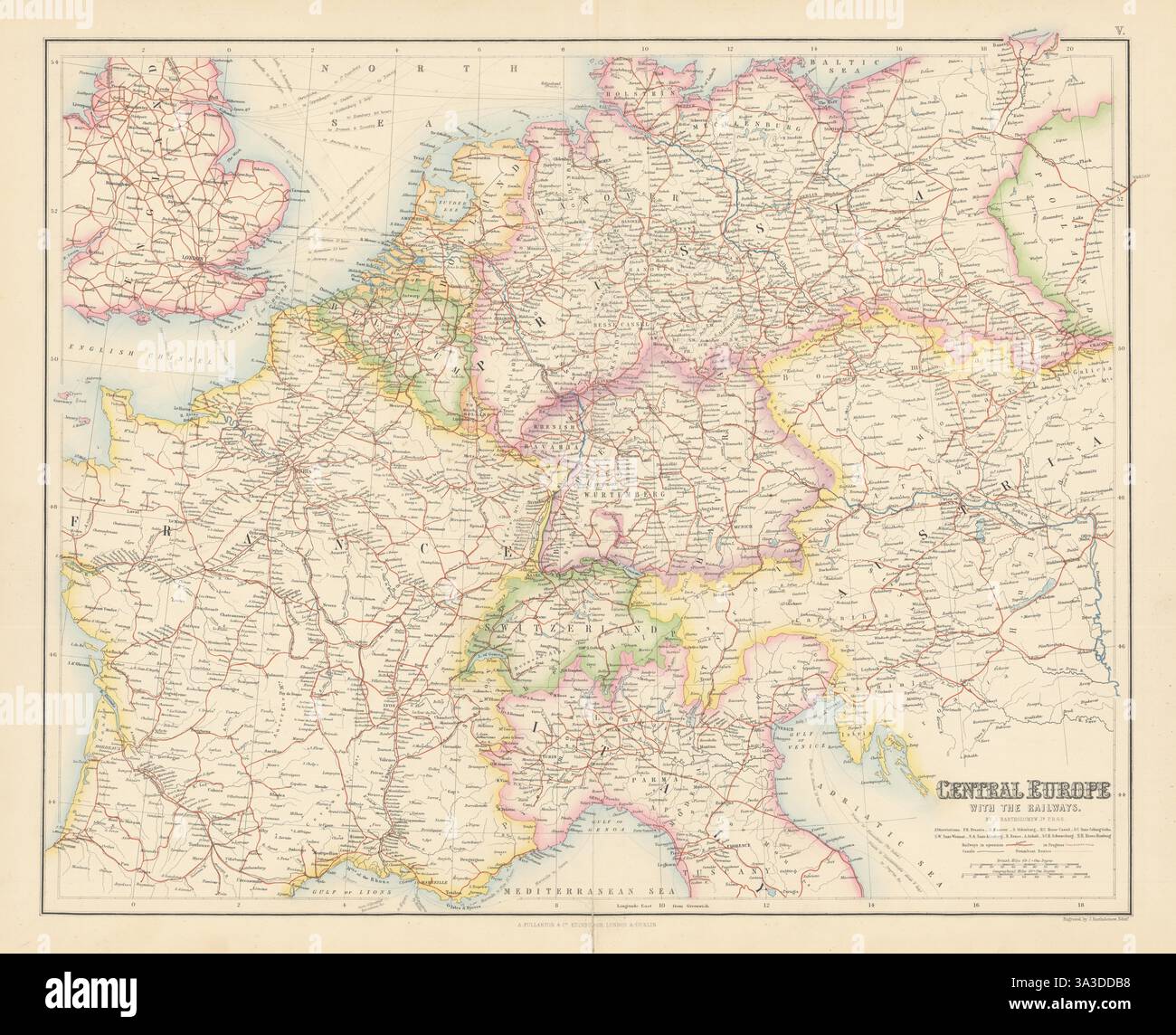Central Europe with railways. North German Confederation. FULLARTON ...