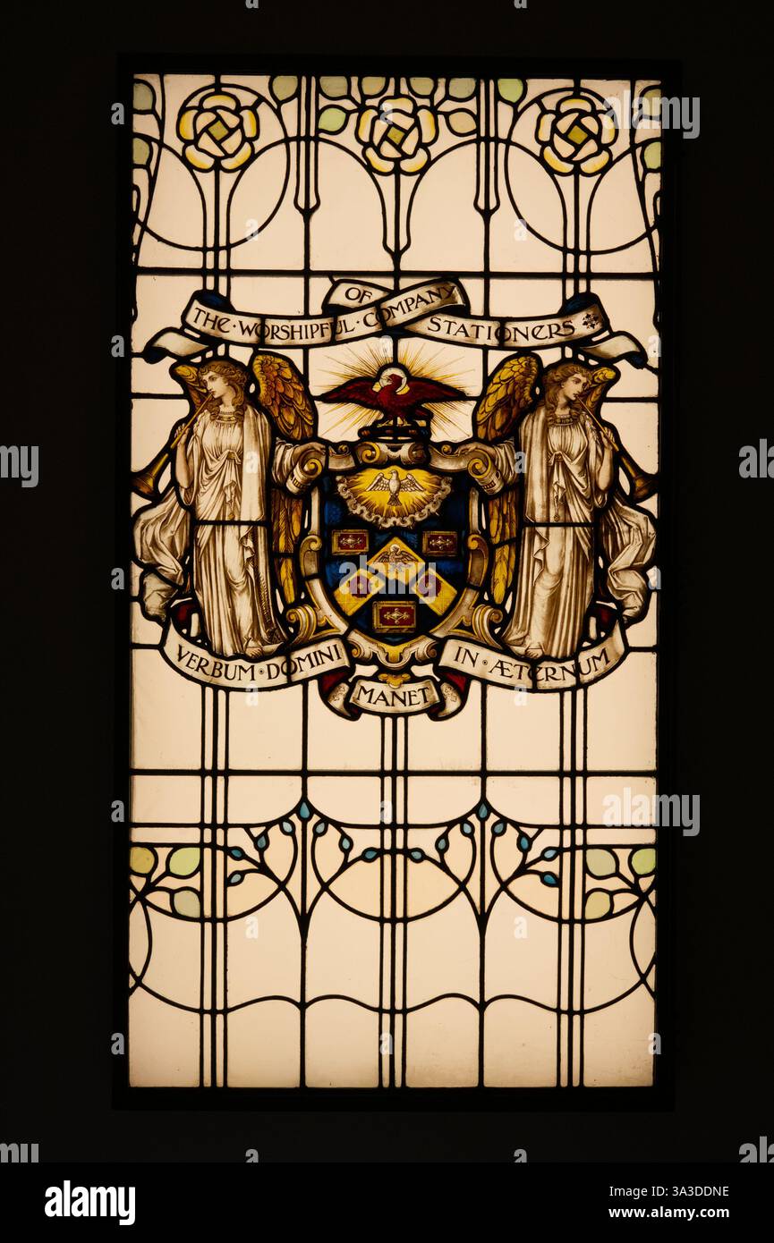 A stained glass window in Stationers' Hall bearing the guild motto ...