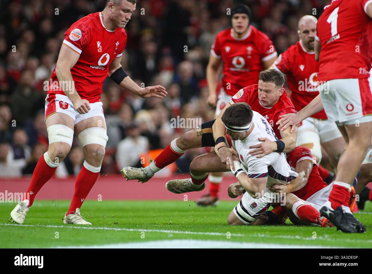 Tom Curry of England is tackled by Elliot Dee of Wales during the 2025 Guinness 6 Nations match ...