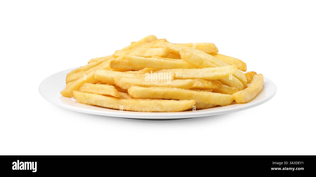 Many delicious French fries isolated on white Stock Photo - Alamy