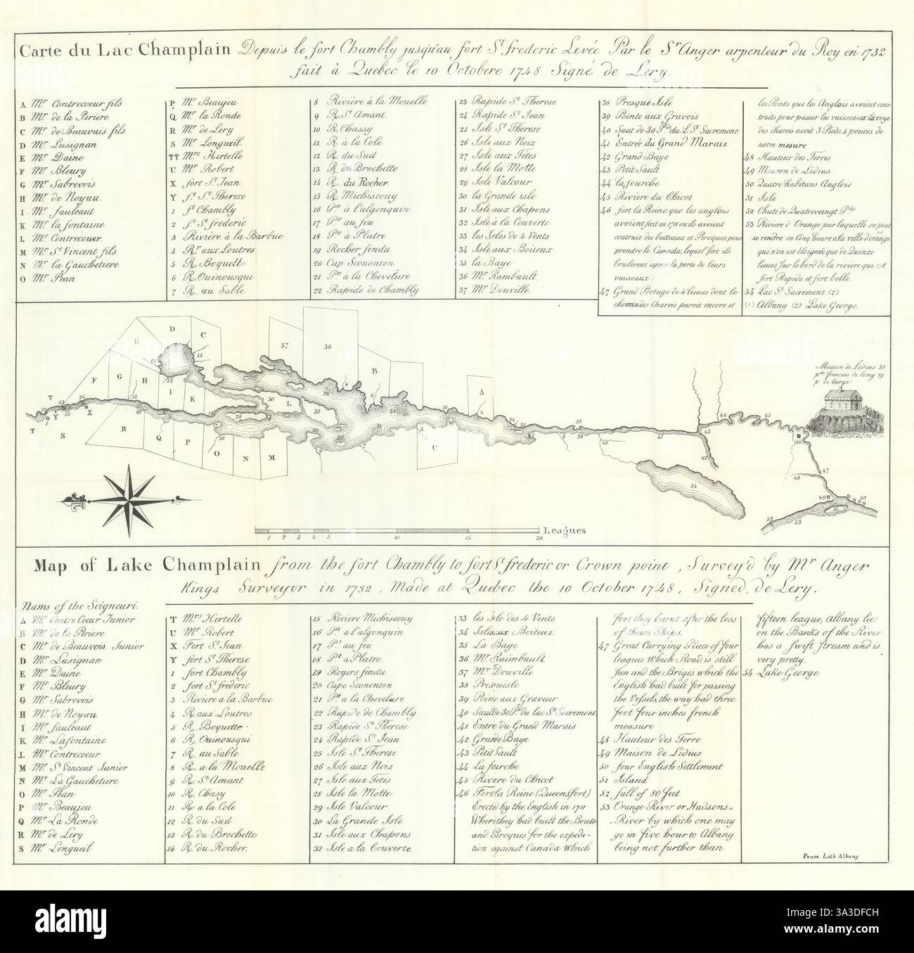 Map of Lake Champlain. 1748 French property claims. De Lery 1849 old ...